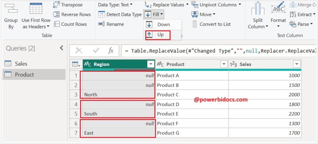 Filling Down or Filling Up Missing Data in Power Query - Power BI Docs
